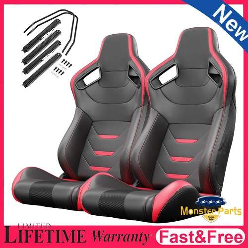 Pair Adjustable Universal Car Racing Bucket Seats Black & Red PU + Dual ...
