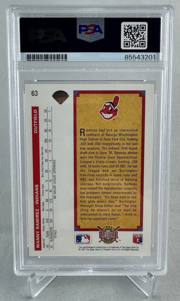 MANNY RAMIREZ SIGNED 1992 UPPER DECK #63 RC ROOKIE CARD PSA/DNA GEM 10 ...