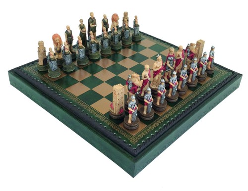 Roman Vs Gladiators Hand-Painted Chess Set, 3-In-1 Faux Leather Board W ...