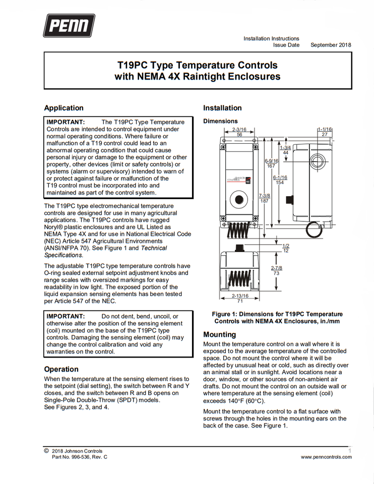 PENN Johnson Controls T19PC-3C Agricultural Thermostat Hired Hand P/N ...