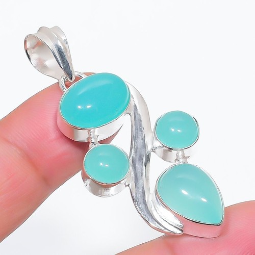 Aqua Chalcedony Gemstone Handmade 925 Sterling Silver Jewelry Pendant ...