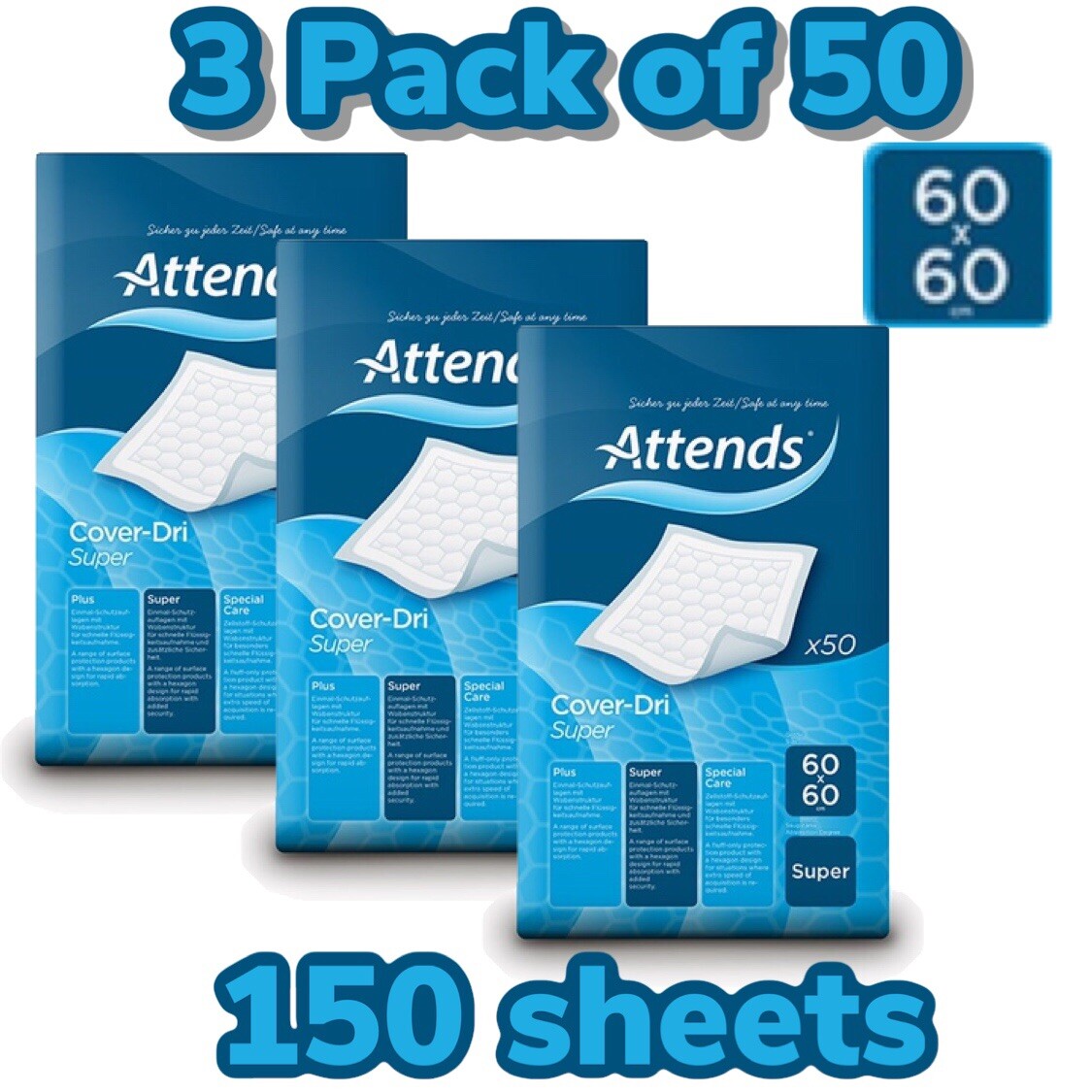 Attends Cover Dri Plus 60 x 60 - 3 Packs Of 50 Incontinence Bed Pads ...