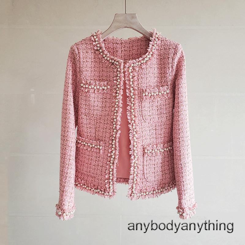 Women Short Round-neck Coat Tweed Bead Plaid Slim Fit Celebrity Fashion ...