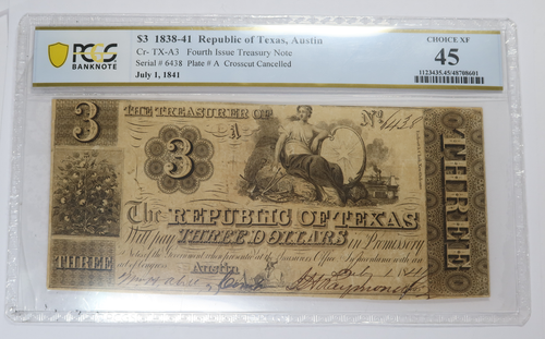 1838 - 41 PCGS XF45 $3 Republic of Texas Bank Note Cancelled #49296F | eBay