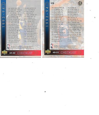 1993-94 Upper Deck Basketball Checklist Card #510 cards 426-510 | eBay