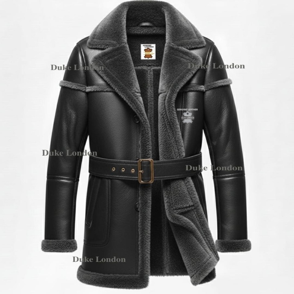 Men Real Sheep Skin Leather Long Coat Fur Vintage Retro Leisure Bomber ...