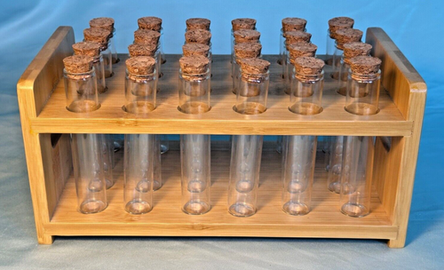 BAMBOO TEST TUBE RACK WITH 24 GLASS TUBES AND CORK STOPPERS SHOT ...