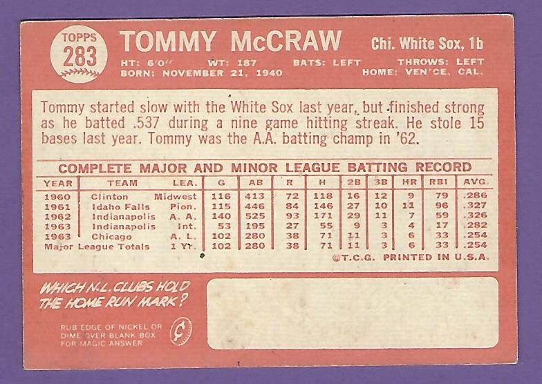 1964 Topps - #283 Tommy McCraw - Chicago White Sox - Ex ST (hs) | eBay