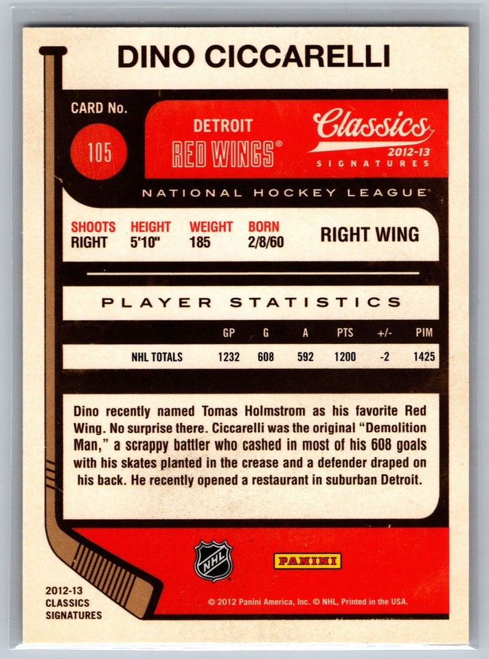 2012-13 Panini Classics Signatures Dino Ciccarelli #105 | eBay