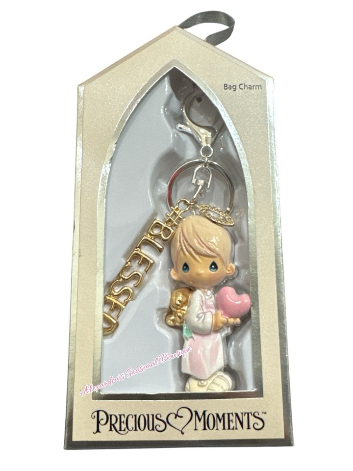 Precious Moments Blessed Bag Charm Keychain Angel Holding Pink Heart ...