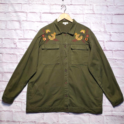 Skylar + Jade Jacket Womens XL Olive Green Embroidered Floral Utility ...