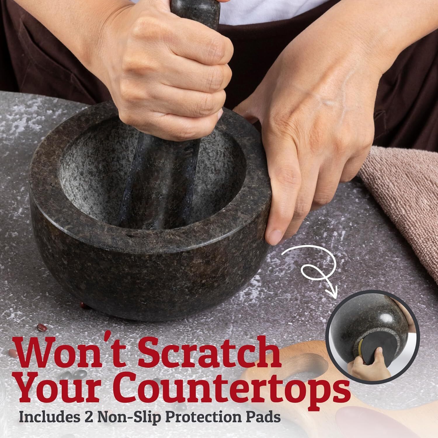 Heavy Duty Large Mortar and Pestle Set,100% Granite, Non Slip 2 Cup ...