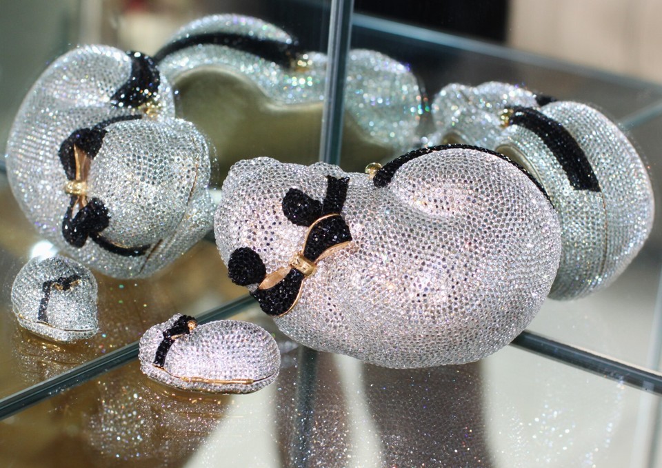 JUDITH LEIBER RESTING WHITE BLACK CAT SWAROVSKI CRYSTAL MINAUDIERE ...