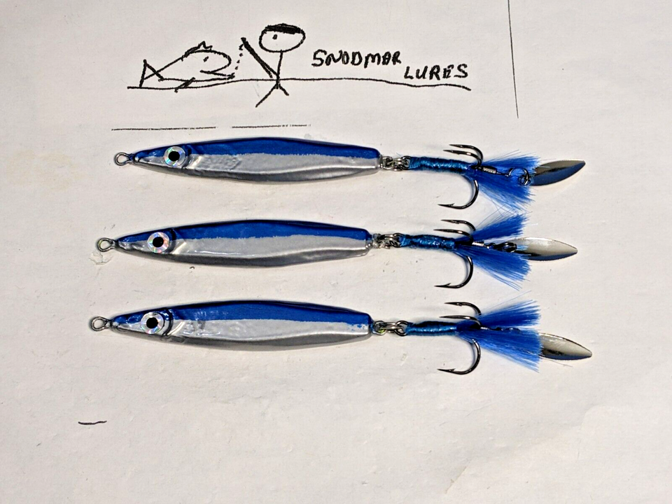 3 - 1 oz Flutter Fishing Casting jig Lead Spoons Lures BLUE SILVER Willow Swivel | eBay