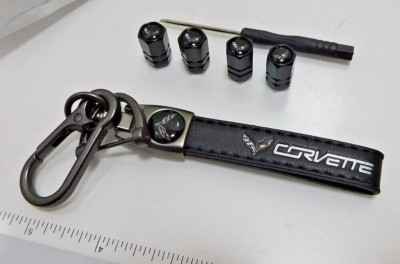 Car / Metal Chevrolet Corvette Black Leather Key Chain plus Valve Stem ...