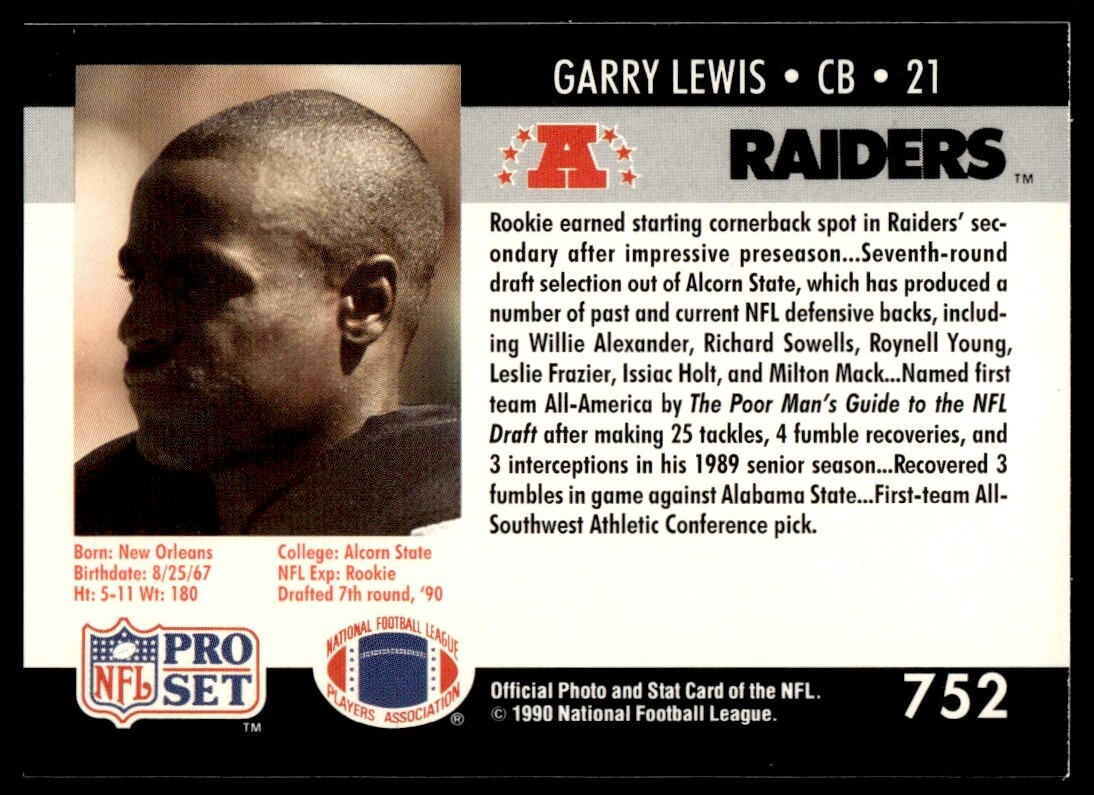 1990 Pro Set Garry Lewis Rookie Los Angeles Raiders #752 | eBay