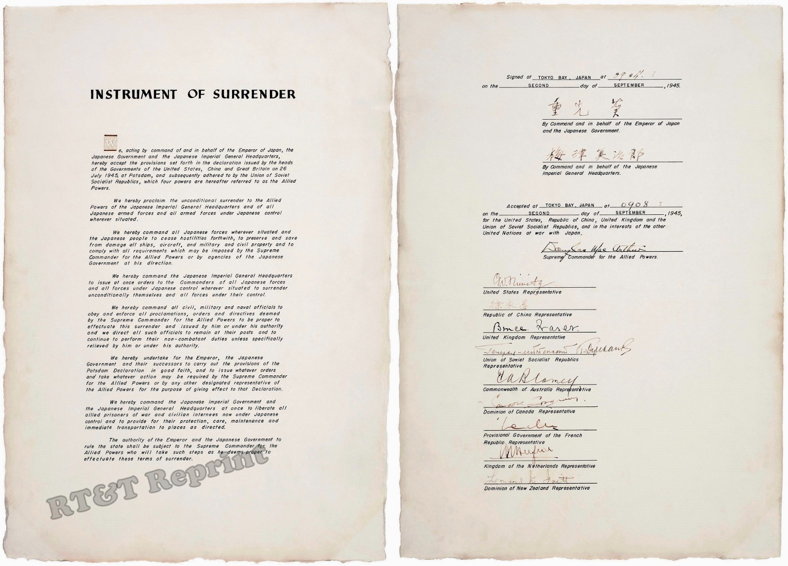 1945 WWII Japanese Instrument of Surrender / USS Missouri 11x14 inch ...