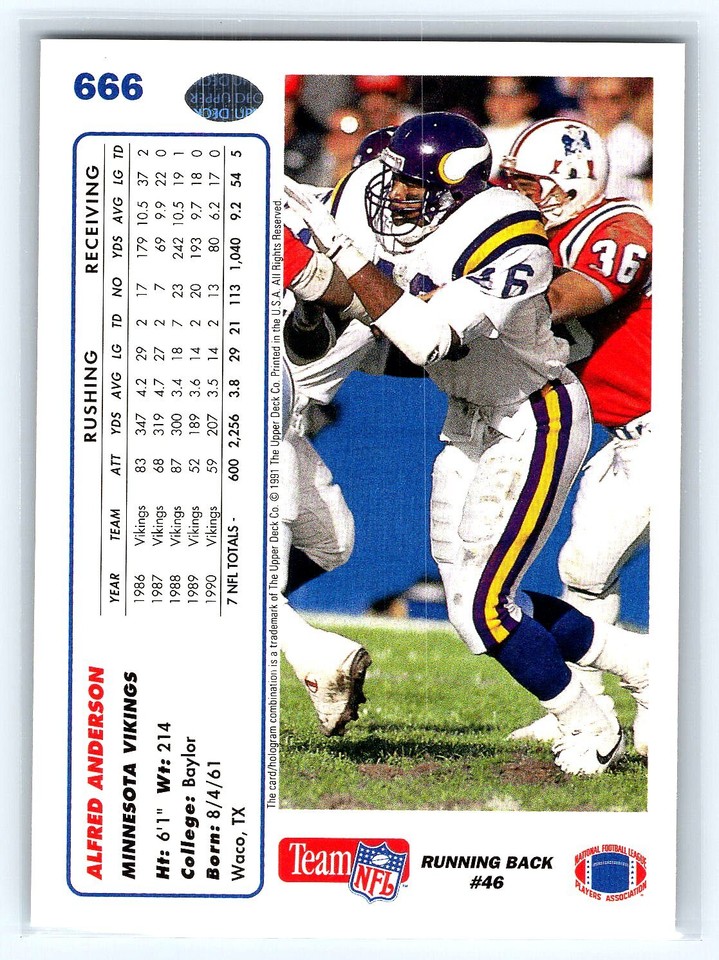 1991 Upper Deck #666 Alfred Anderson Football Minnesota Vikings | eBay