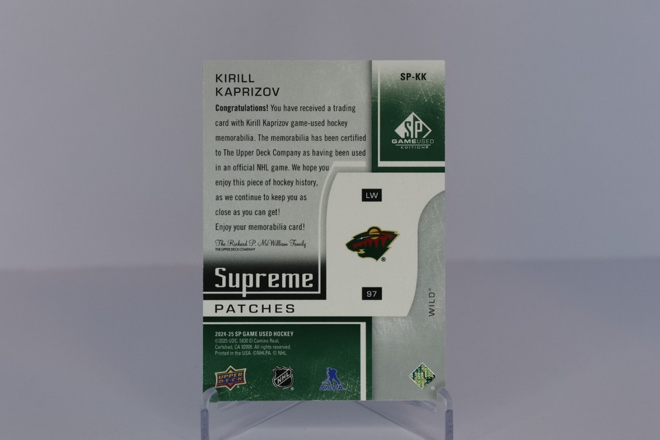 2024-25 UD SP Game Used Kirill Kaprizov Supreme Patches /15 3 Clr Wild ...