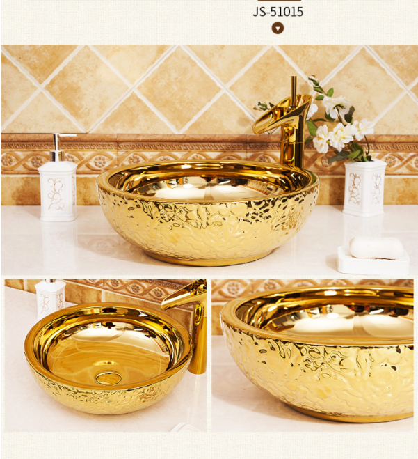 Bathroom Ceramic Counter Basin Art Carved Golden Sink Washbasin Mixer ...