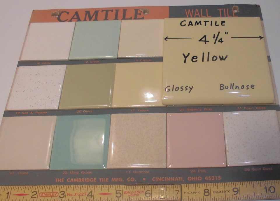 1 pc. Vintage Glossy Ceramic Bullnose Tile 4-1/4” *Camtile Yellow* Flat ...