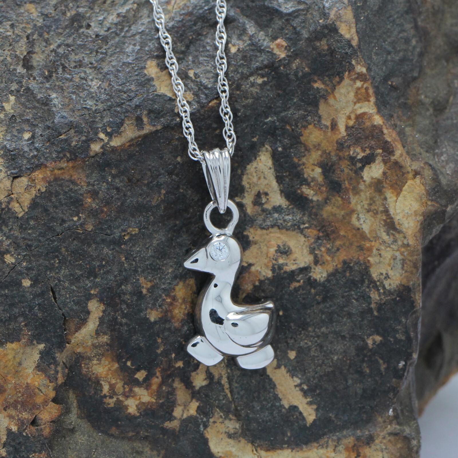 Natural Round Diamond Accents Duck Pendant 18" Necklace 10K White Gold ...