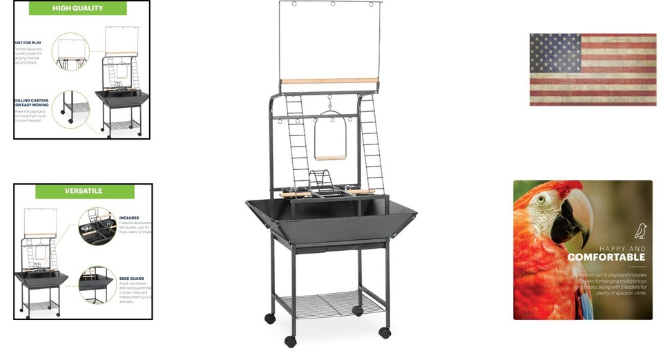 Versatile Black Hammertone Bird Playstand - Activity Center for Small ...