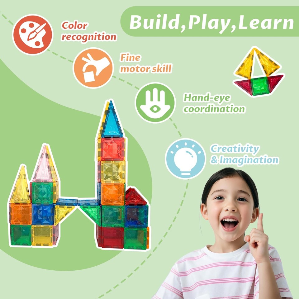 Magnetic Building Tiles 100 PCS Magnets Stacking Kids Toys STEM Sensory ...