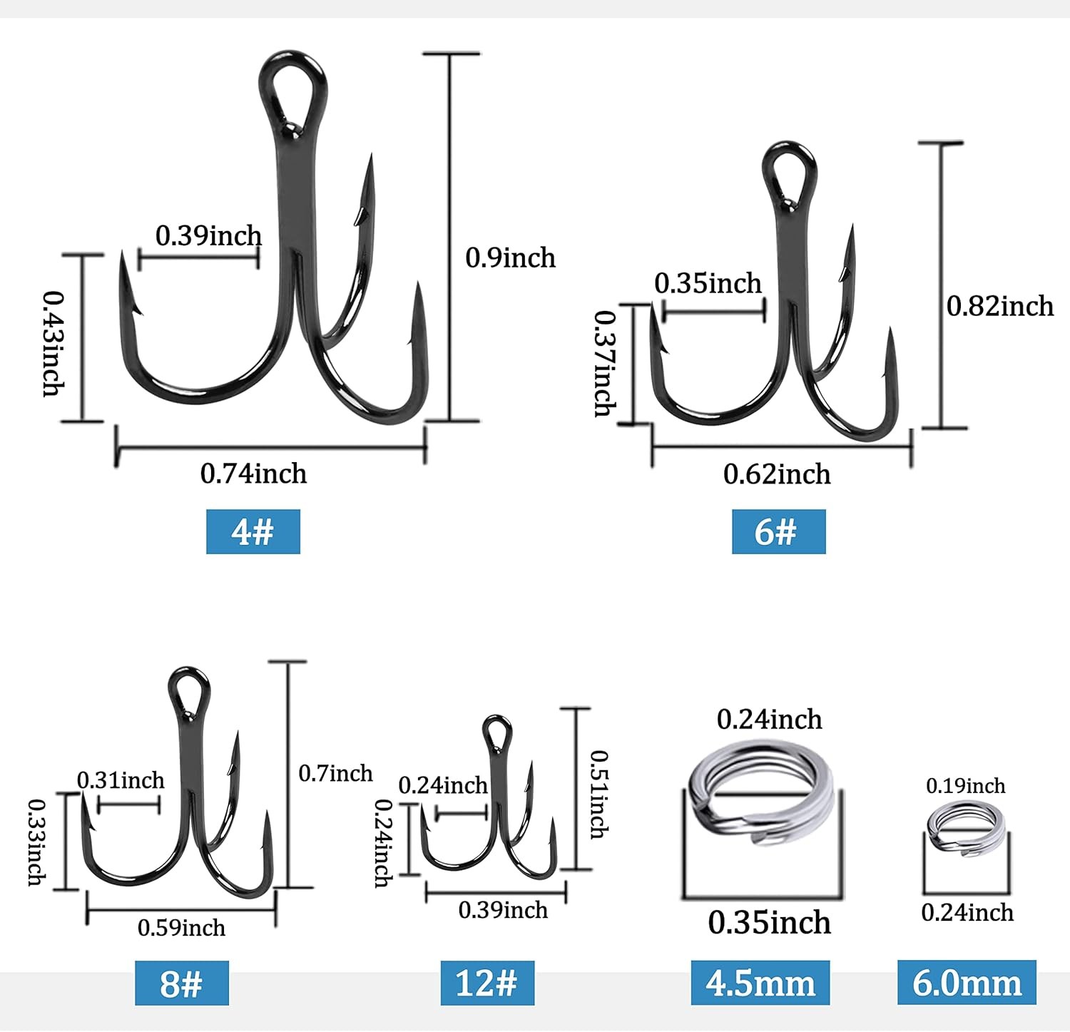 Treble Hooks and Split Rings Kit, 130Pcs Assorted Classic High Carbon ...
