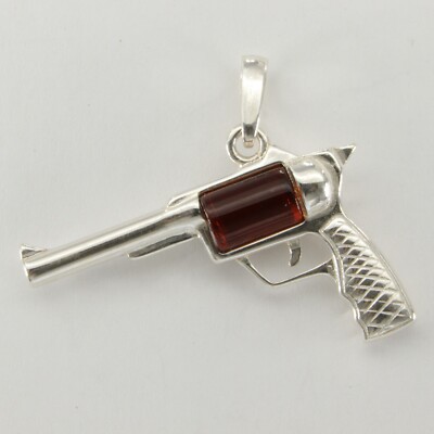 Cognac Brown BALTIC AMBER Gun / Pistol / Colt Pendant 925 STERLING ...