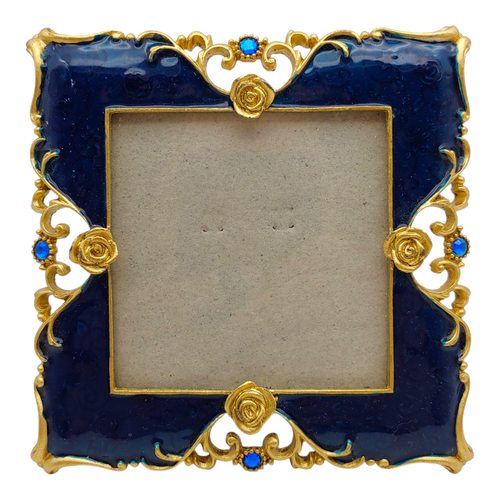 Ornate Enamel & Rhinestone Photo Picture Frame, 3x3 Blue Gold Rose ...