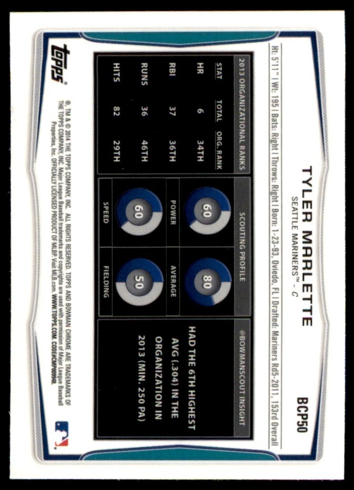 2014 BOWMAN CHROME PROSPECTS TYLER MARLETTE SEATTLE MARINERS #BCP50 | eBay