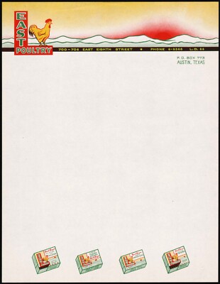 Vintage letterhead EAST POULTRY full color chicken Austin Texas unused ...