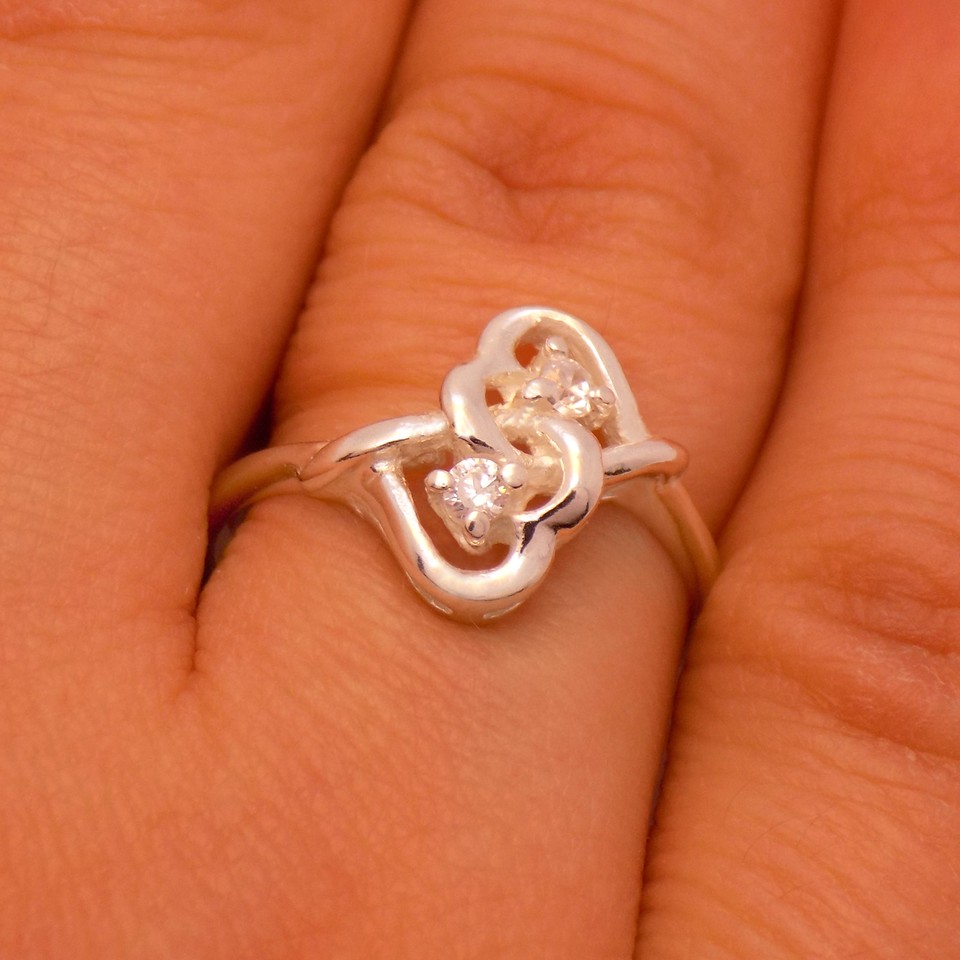 Elegant Gently Solid 925 Sterling Silver Cute Lovely Double Hearts ...