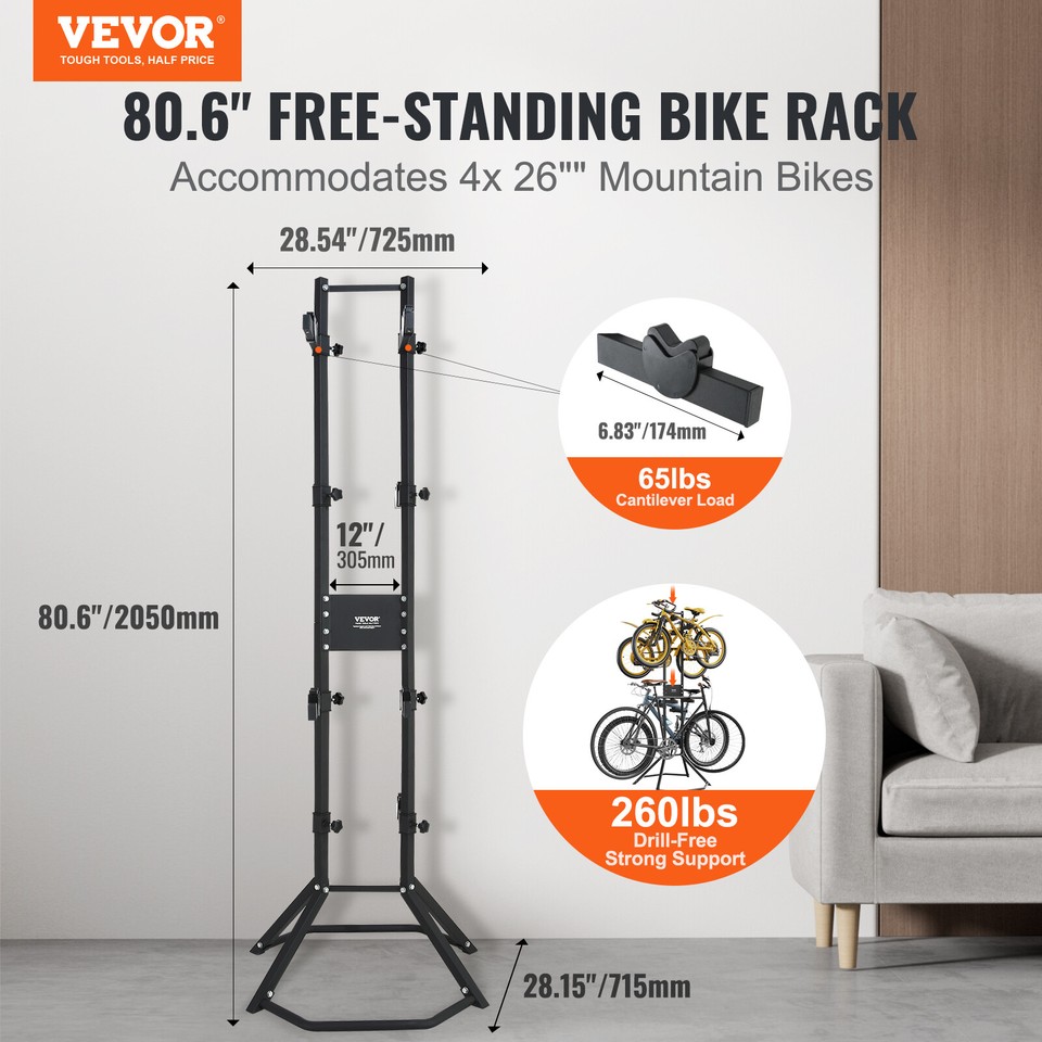 4 Bike Storage Rack, Free Standing Vertical Bike Rack Holds Up to 260 ...