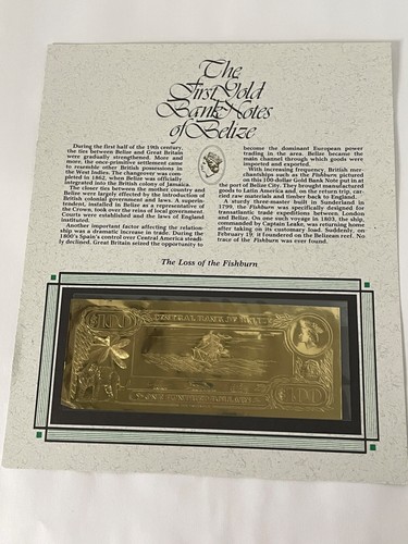 22K First Gold Bank Notes of Belize $100 Loss of the Fishburn w/ Info ...