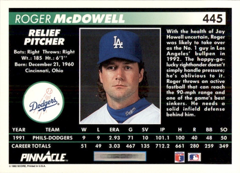 1992 Pinnacle Roger McDowell Los Angeles Dodgers #445 Baseball Card | eBay