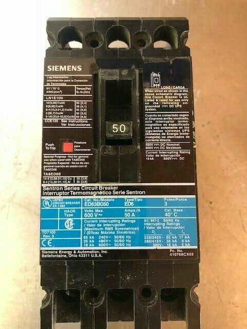 SIEMENS ED6 CIRCUIT BREAKER ED63B050 50AMP 600VOLT 3POLE BLACK | eBay