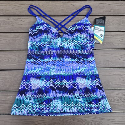 TYR Women Tankini Top Blue Geometric Swim Active Emerald Lake SZ L NWT ...