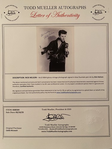 Ricky Nelson Signed Autographed Photo With COA RARE Singer Ozzie And ...