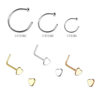 Nose Rings Jewelry 18g 3 Nose Hoops and 3 Heart Design Nose Stud Pack ...