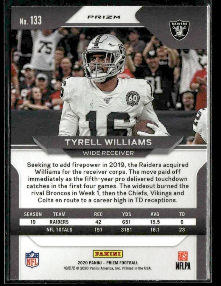 2020 PANINI PRIZM #133 TYRELL WILLIAMS LAS VEGAS RAIDERS ORANGE LAZER ...