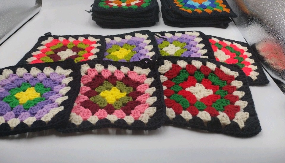 Crochet Granny Squares Lot Of 48 Colorful 7x7 Inch Loose Squares Black ...