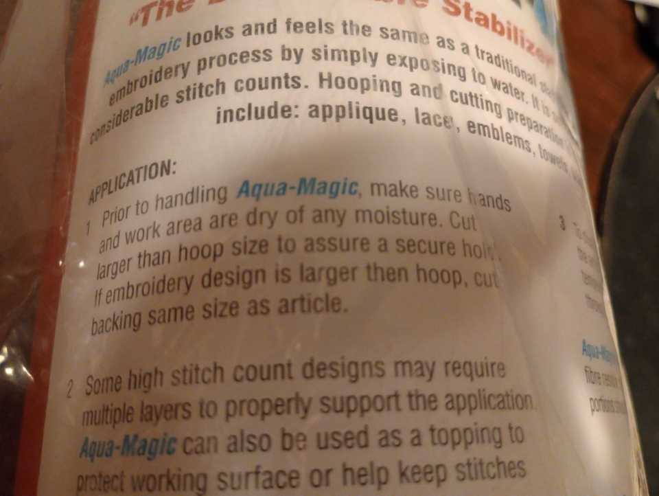 Dissolvable Stabilizer Aqua Magic 8" x 25 yds embroidery directions ...