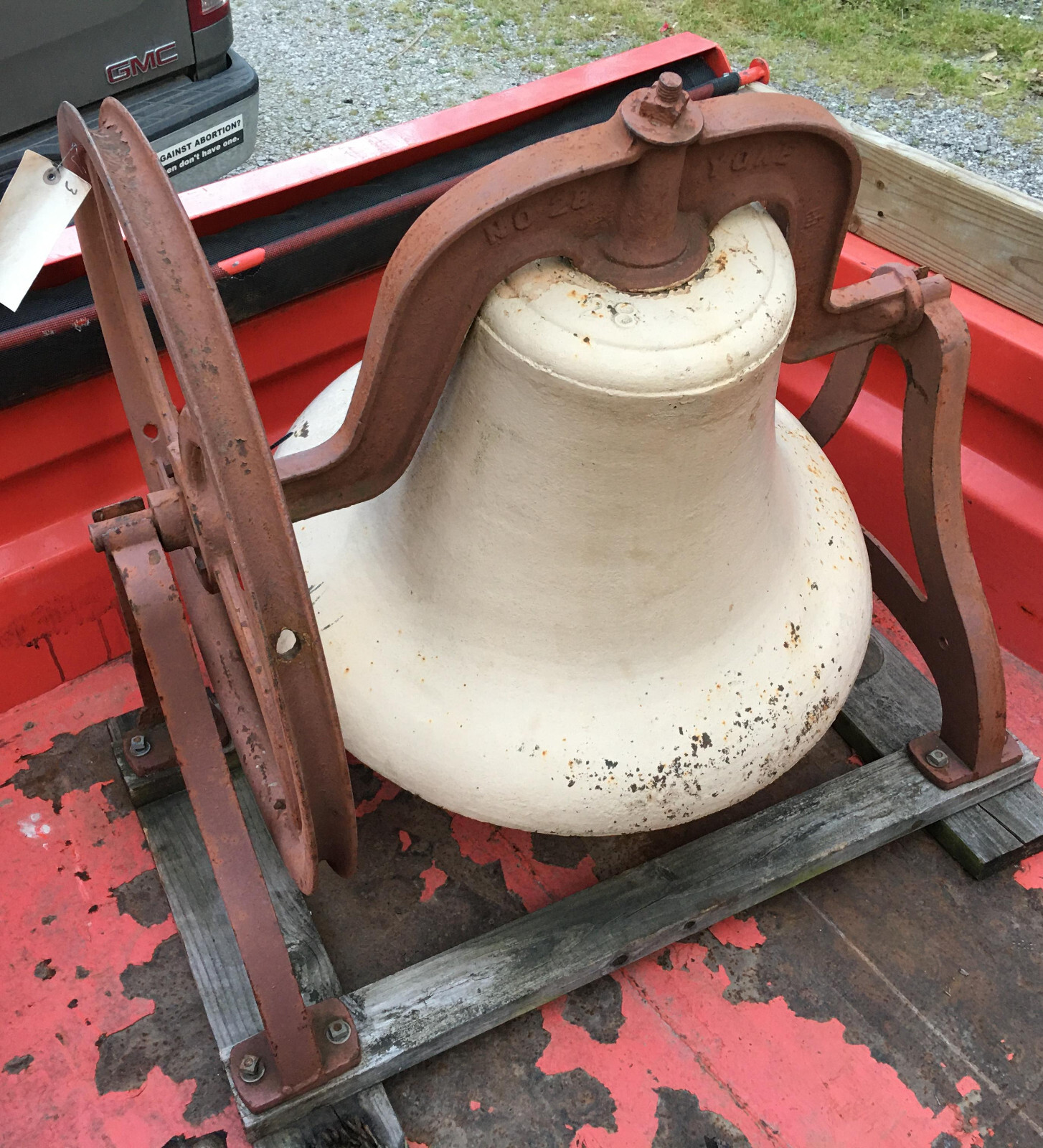 C.S. Bell Co Cast Iron Bell & Cradle Stand #28 church wheel pulley ...