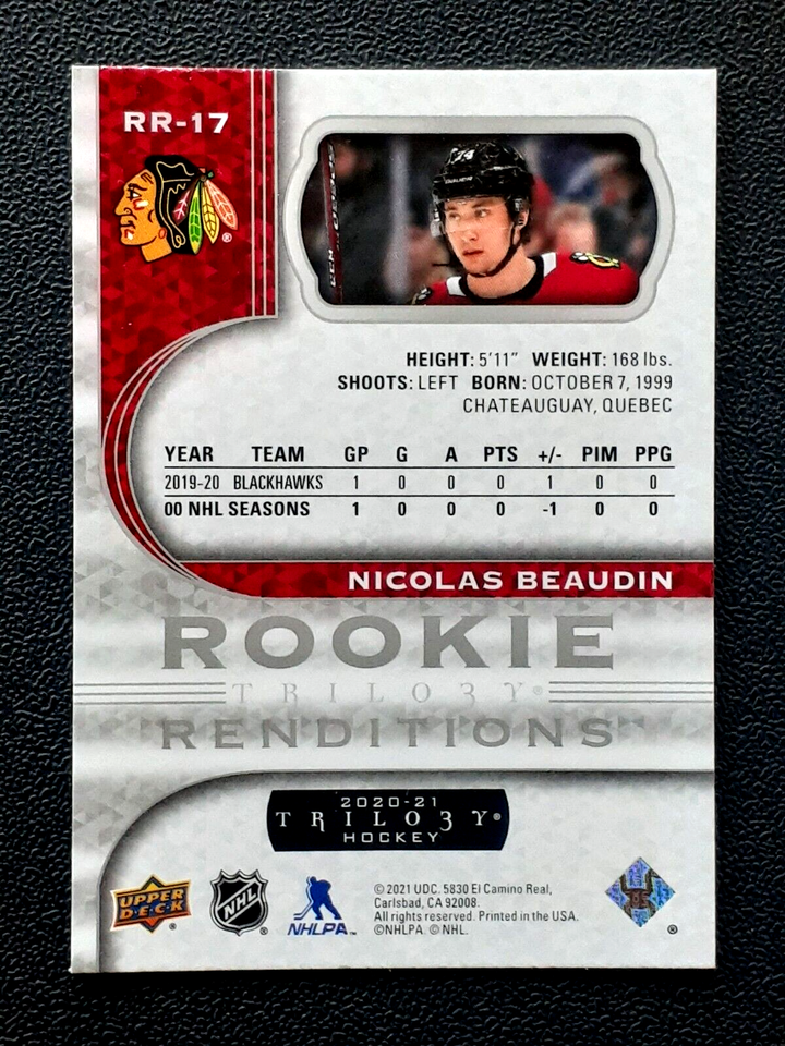 NICOLAS BEAUDIN 2020-21 UPPER DECK TRILOGY ROOKIE RENDITIONS NO RR-17 ...