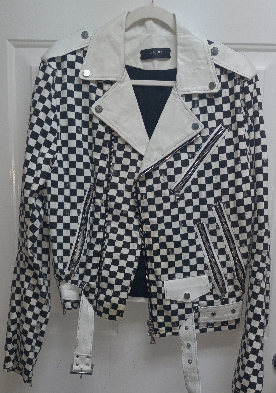 Amiri Mens Stained Size S Checkered Cotton Biker Jack… - Gem