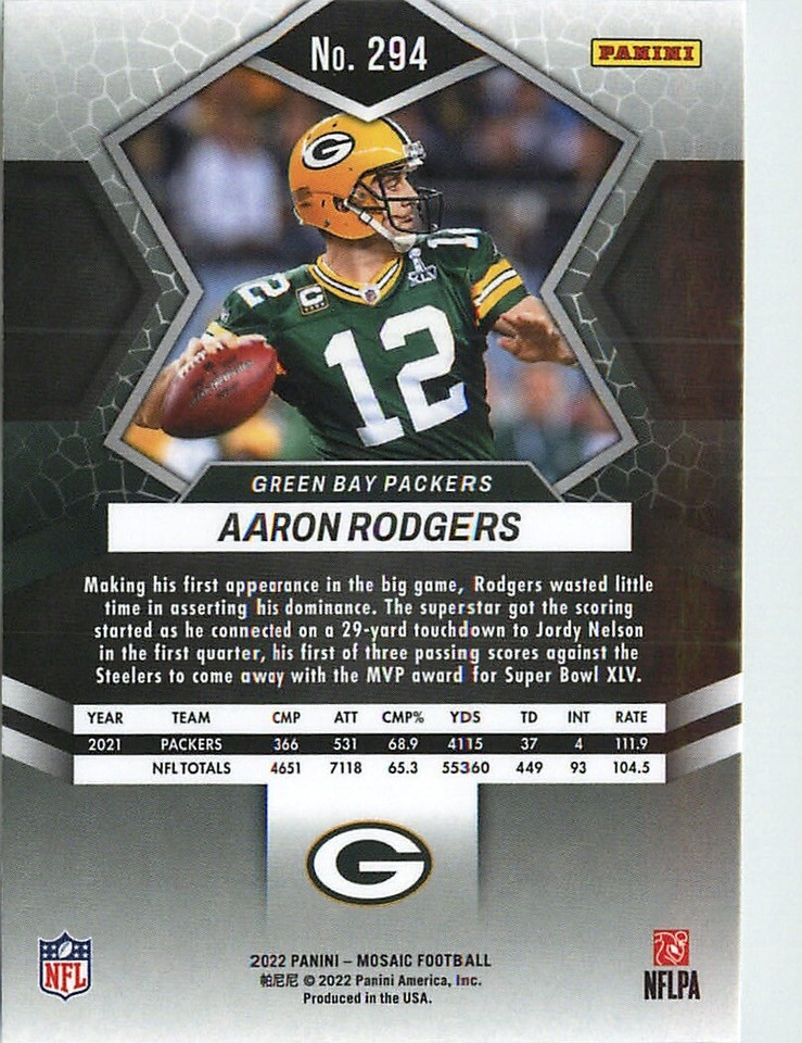 Aaron Rodgers 2022 Mosaic Football Super Bowl MVP Card #294 Green Bay ...