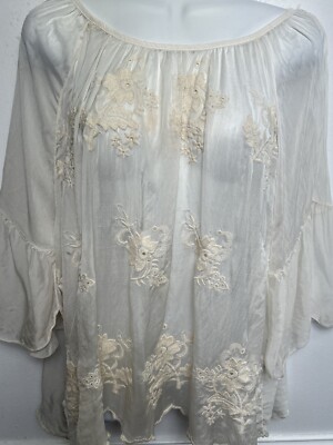 Angela Moda Top Womens S Ivory Embroidered Floral Silk 3/4 Sleeve Sheer ...
