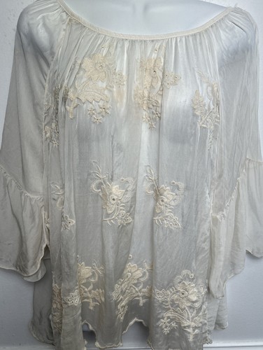 Angela Moda Top Womens S Ivory Embroidered Floral Silk 3/4 Sleeve Sheer ...